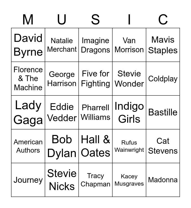 Music Bingo 89 (Inspirational) Bingo Card