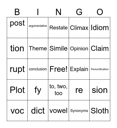 ELA Journal Bingo Card