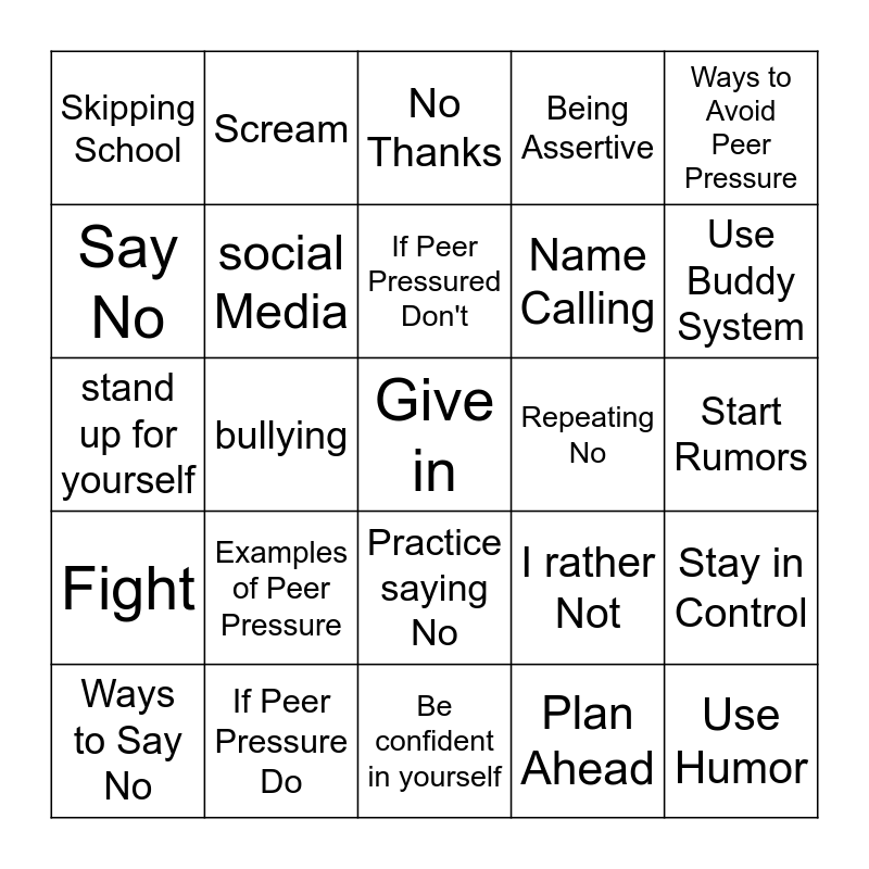 Peer Pressure BINGO Card