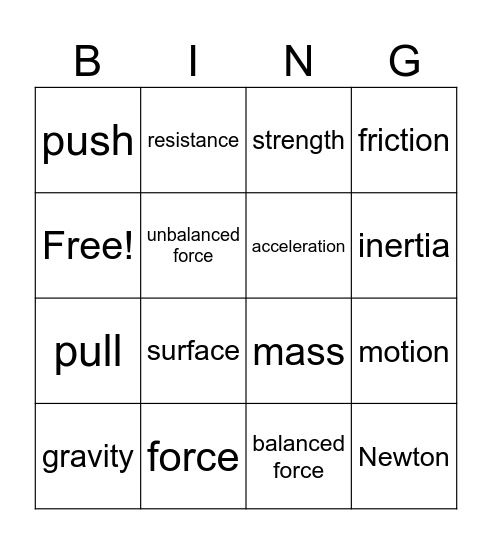 Force and Motion Vocab Bingo Card