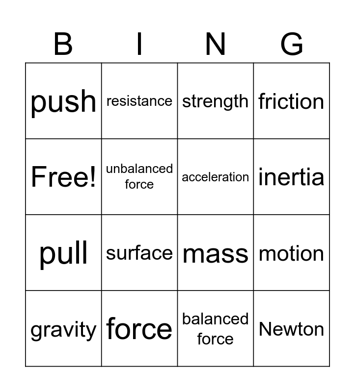 Force and Motion Vocab Bingo Card