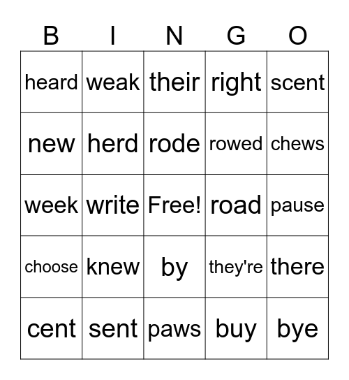 Homophone Bingo Card
