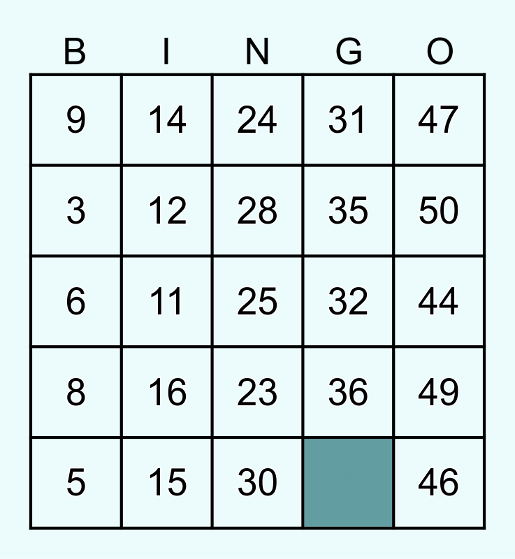 Number Bingo 1-50 Bingo Card