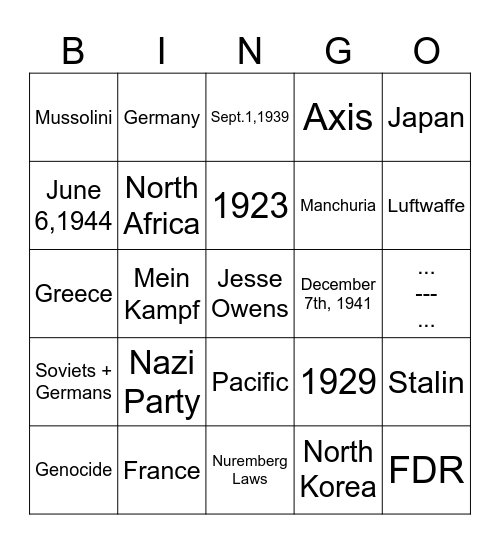 WW2 Bingo Card