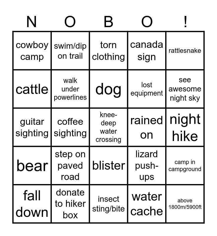 Pacific Crest Trail Bingo Card Bingo Card
