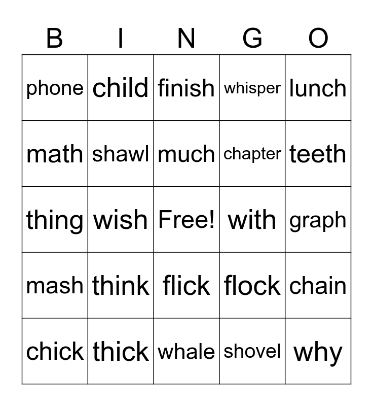Digraph Bingo Card