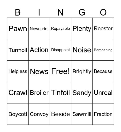 SRP Bingo Card