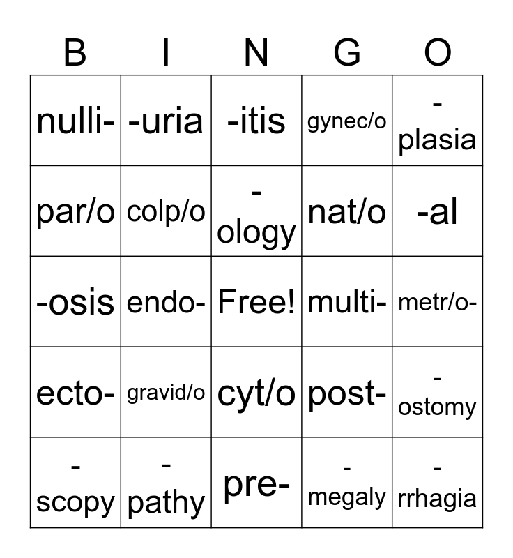 Ch. 23 Medical Terminology Review Bingo Card