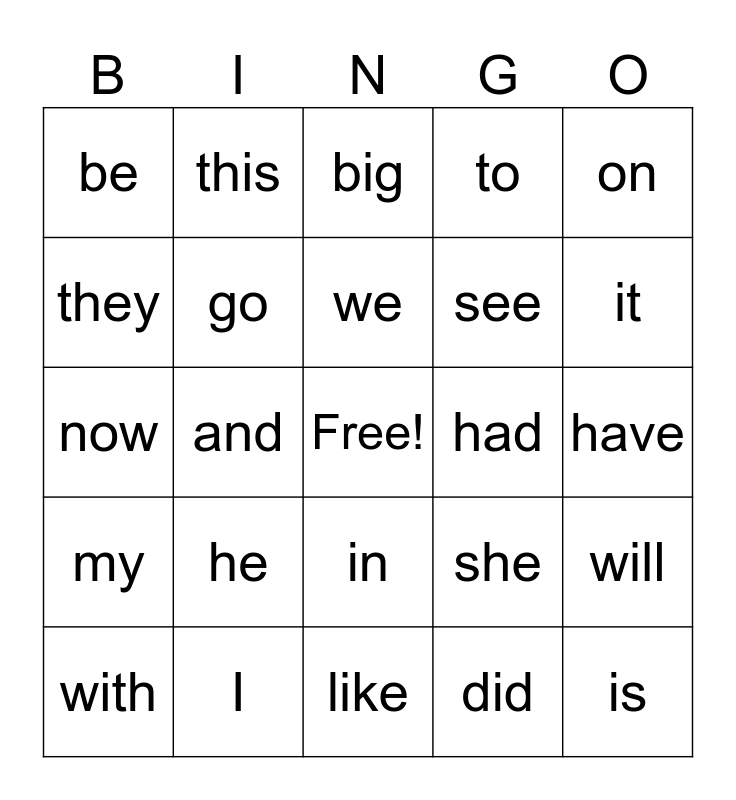 Kindergarten Sight Word Bingo Card