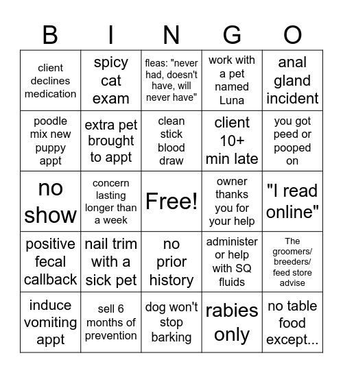 Vet Tech Bingo! Bingo Card