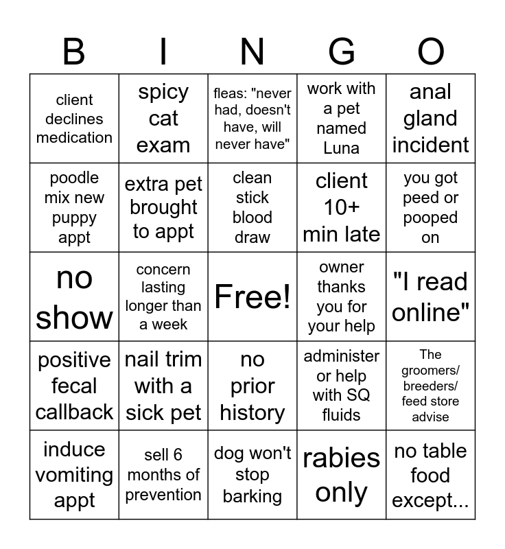 Vet Tech Bingo! Bingo Card