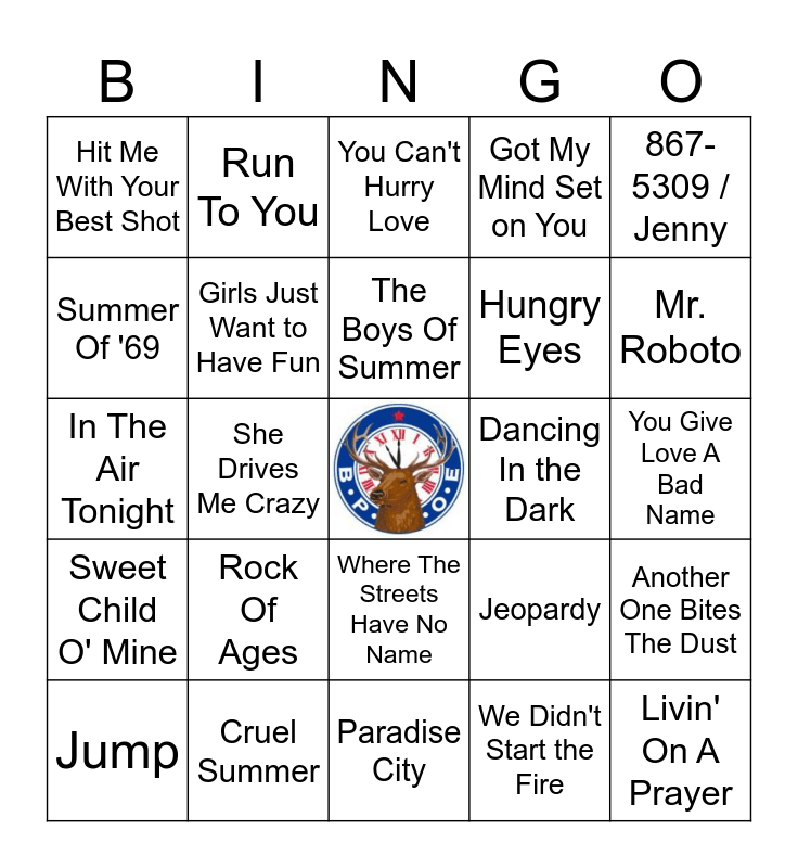 80's Hits Bingo Card