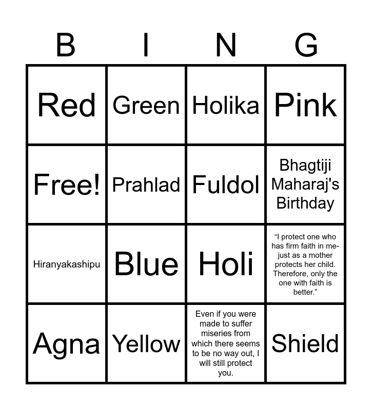 Holi Bingo! Bingo Card