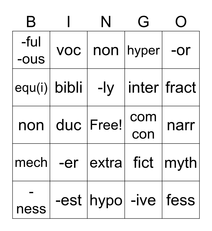 Review Morpheme Bingo Card
