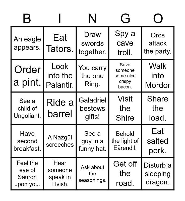 Lord of the Rings Bingo Card