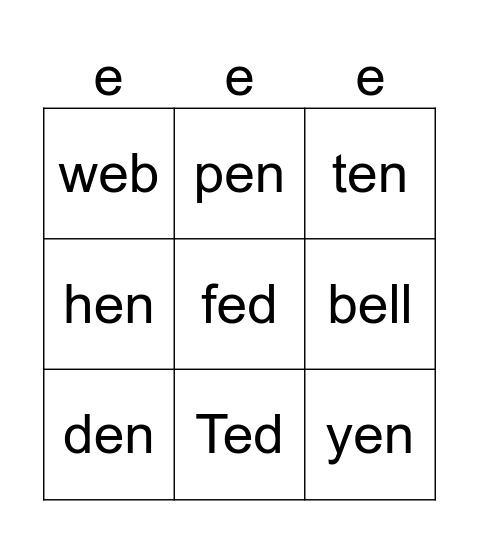 "e" word family Bingo Card
