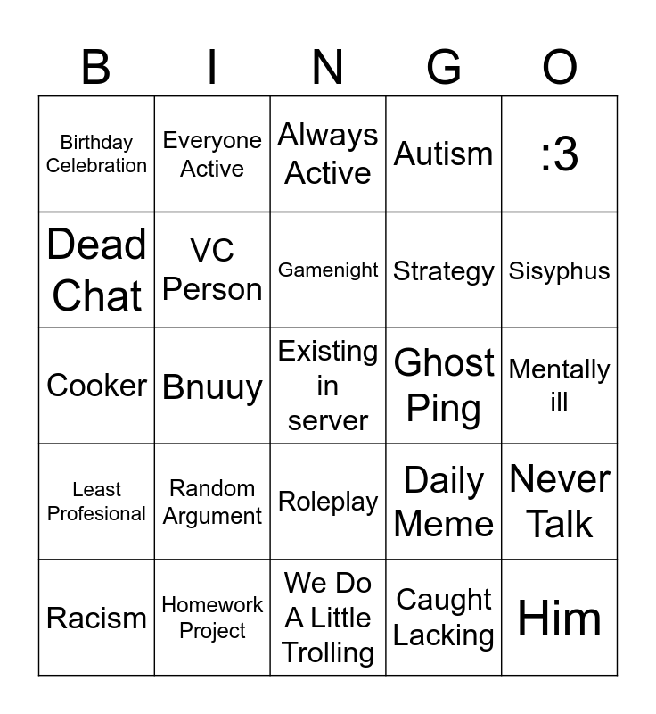 Server Chat Silliness Bingo Card