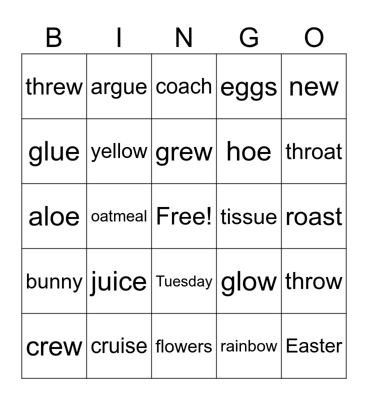 Spelling Word Bingo Card