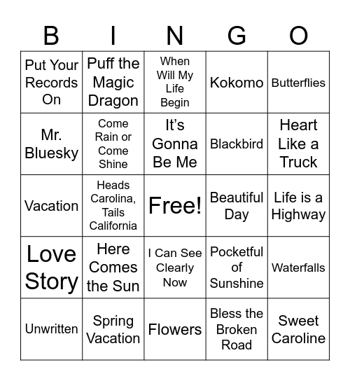 Spring Music Bingo Card