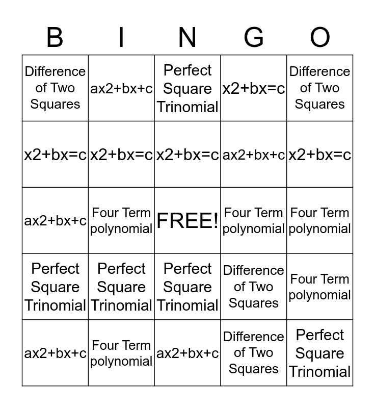 Factoring Bingo Card