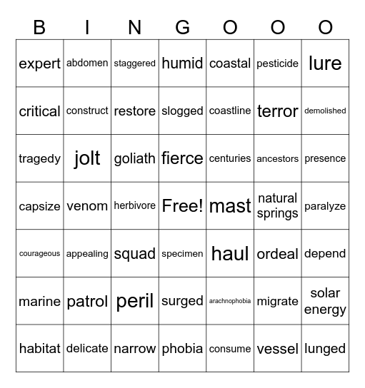 5th Grade Vocab Bingo Card