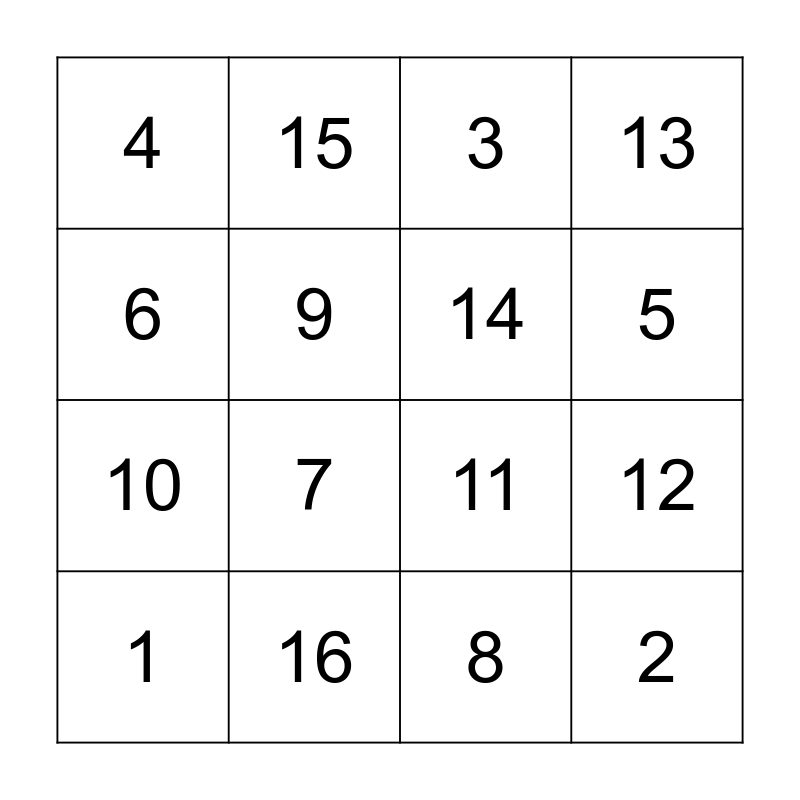 Numbers 1-16 Bingo Card