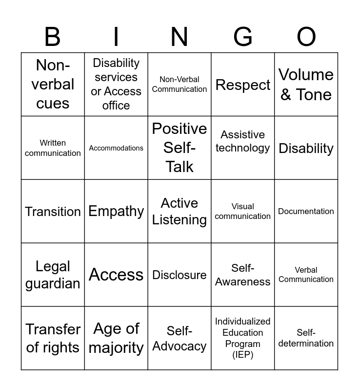 Self-Advocacy Bingo Card