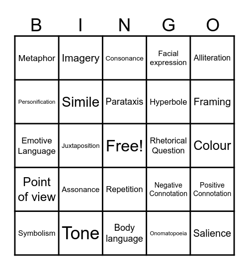 Literary Visual Techniques Bingo Card