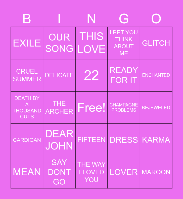 Taylor Swift Bingo Card