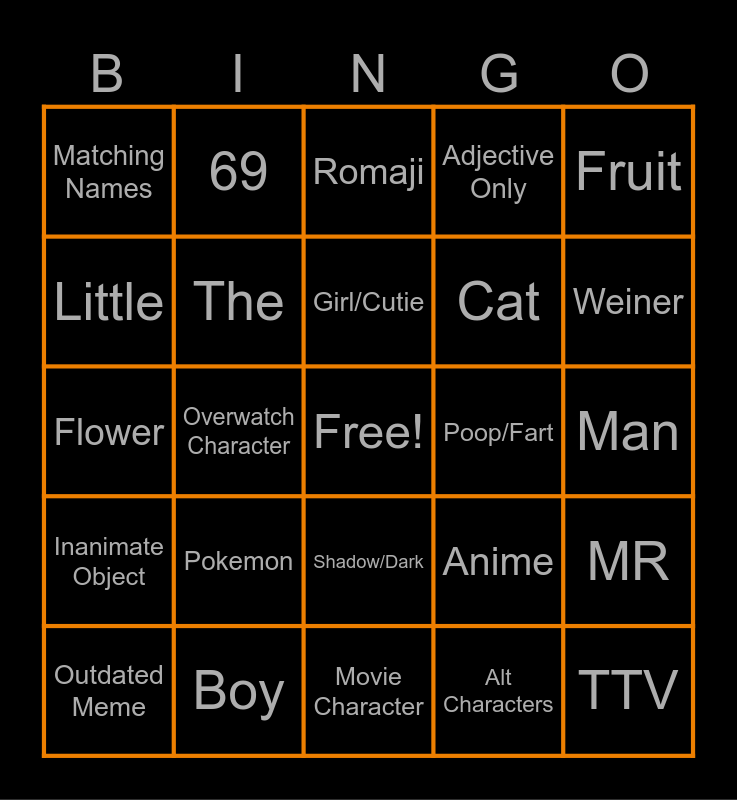 Overwatch Player Names Bingo Card