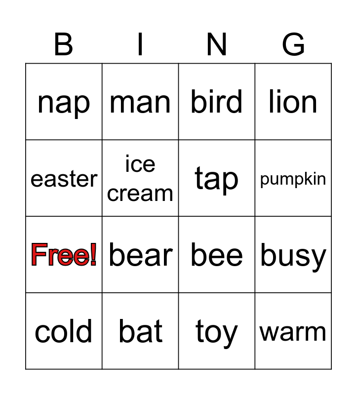 Short A Sound Bingo Card