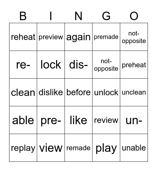 Prefix bingo-un-in-dis Bingo Card