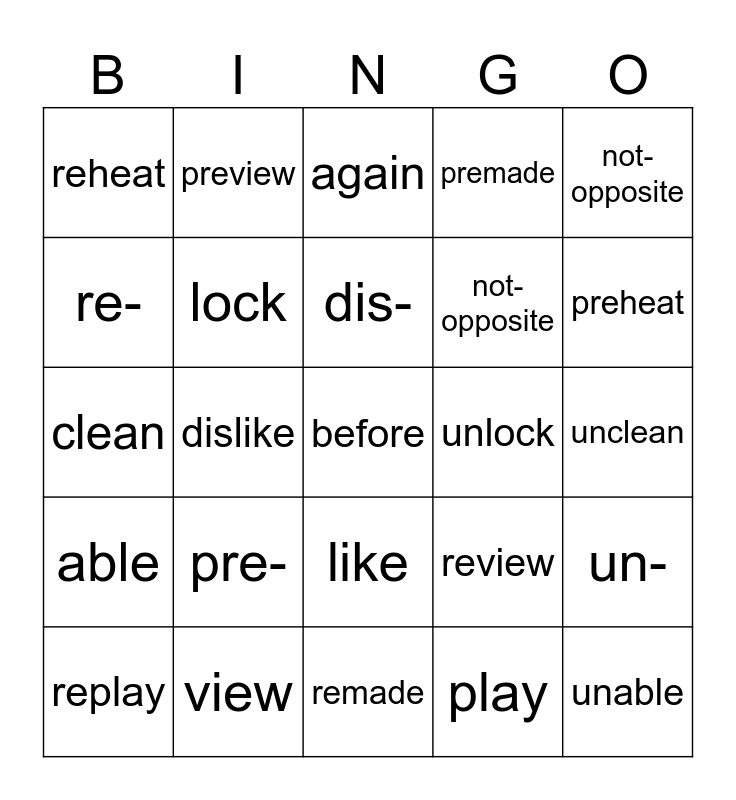 Prefix bingo-un-in-dis Bingo Card