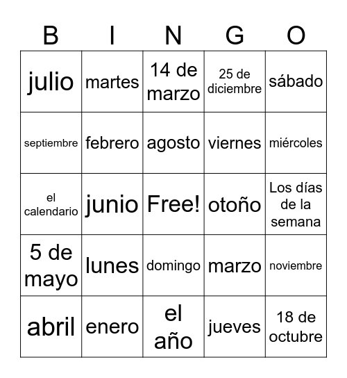 Spanish Calendar Loteria Bingo Card
