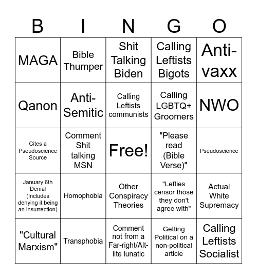 MSN Comments Bingo Card