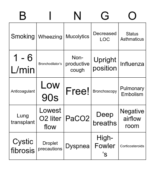 Respiratory Bingo Card