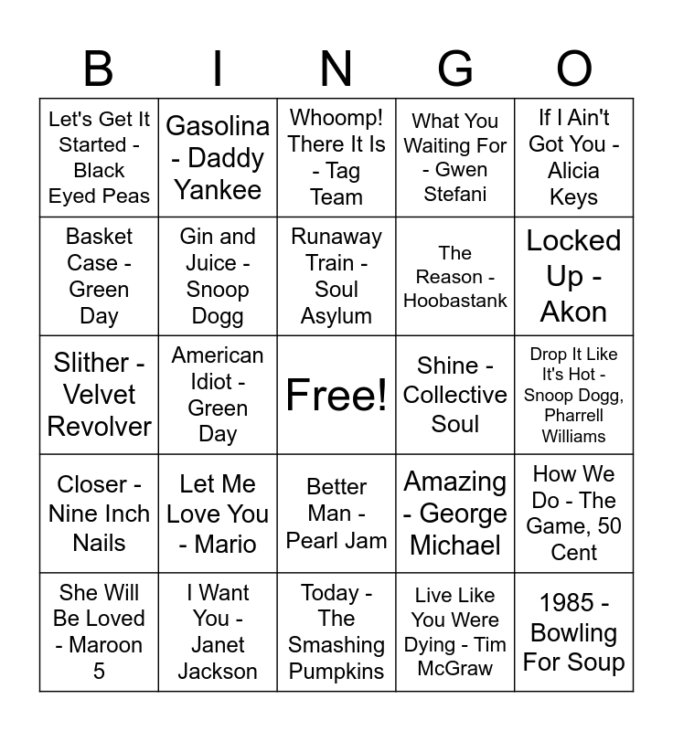 Songs turning 20 or 30 this year (Double Bingo) Bingo Card