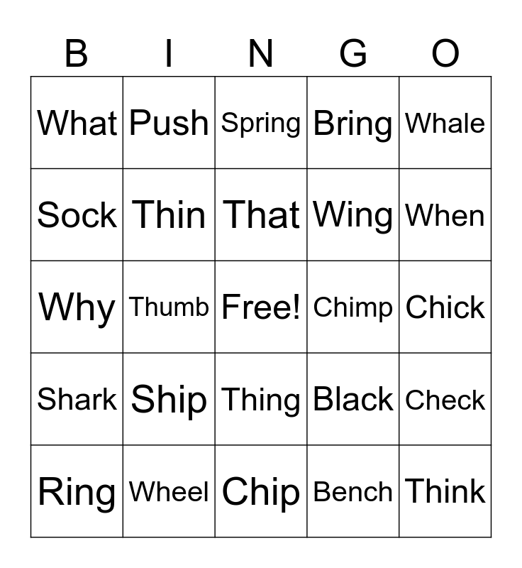 Digraph Bingo Card