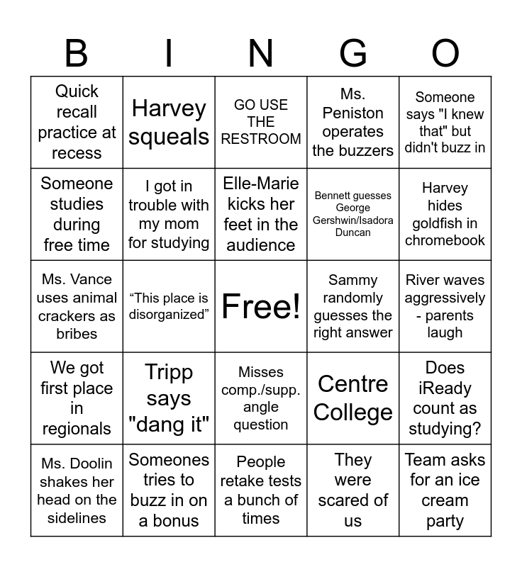 Academic Team Bingo Card
