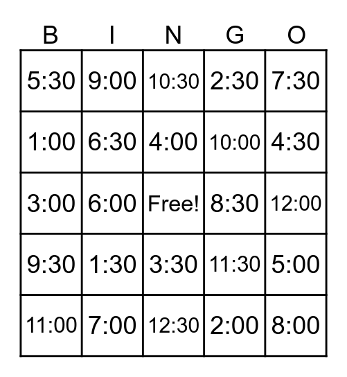 Digital Clock Bingo Card