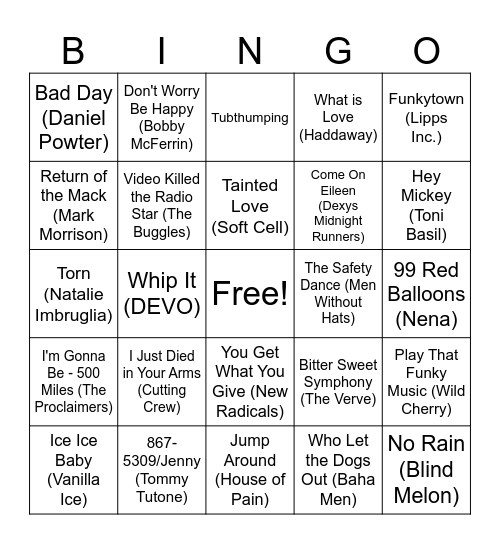 One Hit Wonders Bingo Card