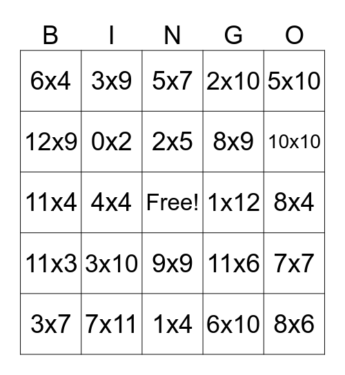 Multiplication Bingo Card