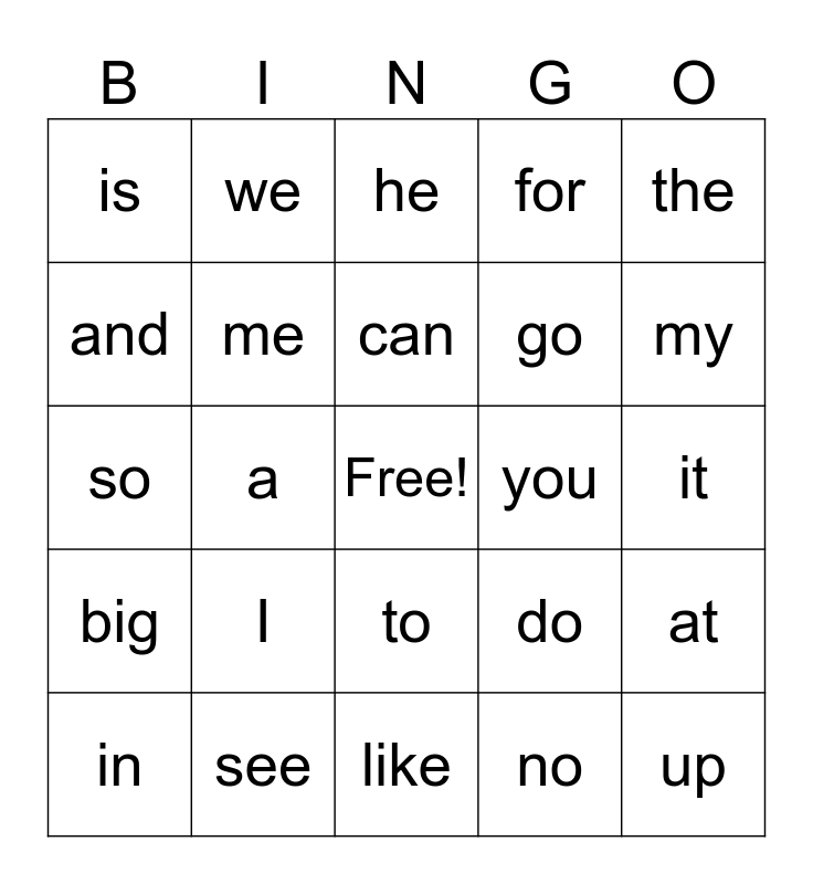 Sight Word Bingo Card