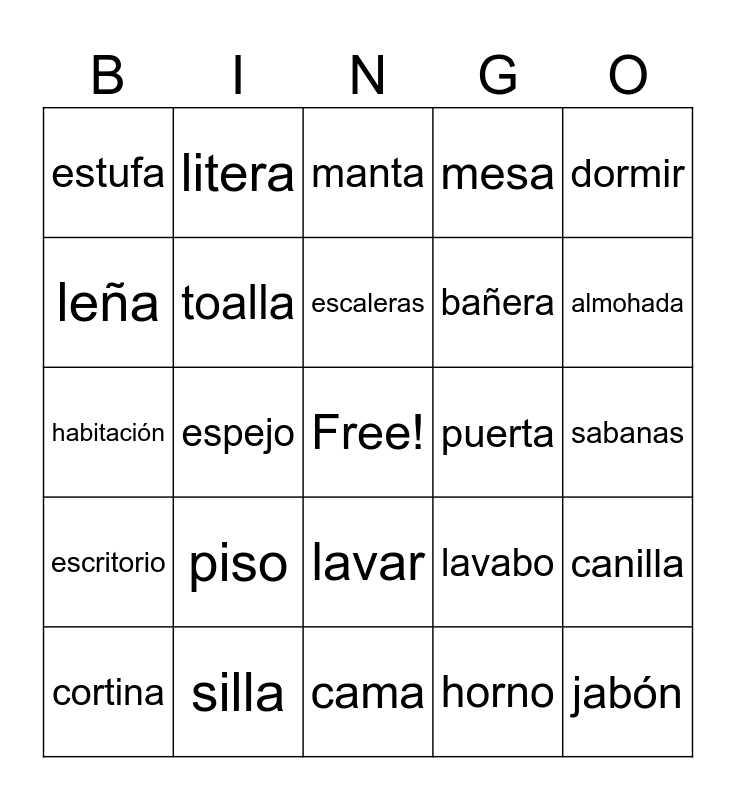 Vocabulario de la Casa Bingo Card