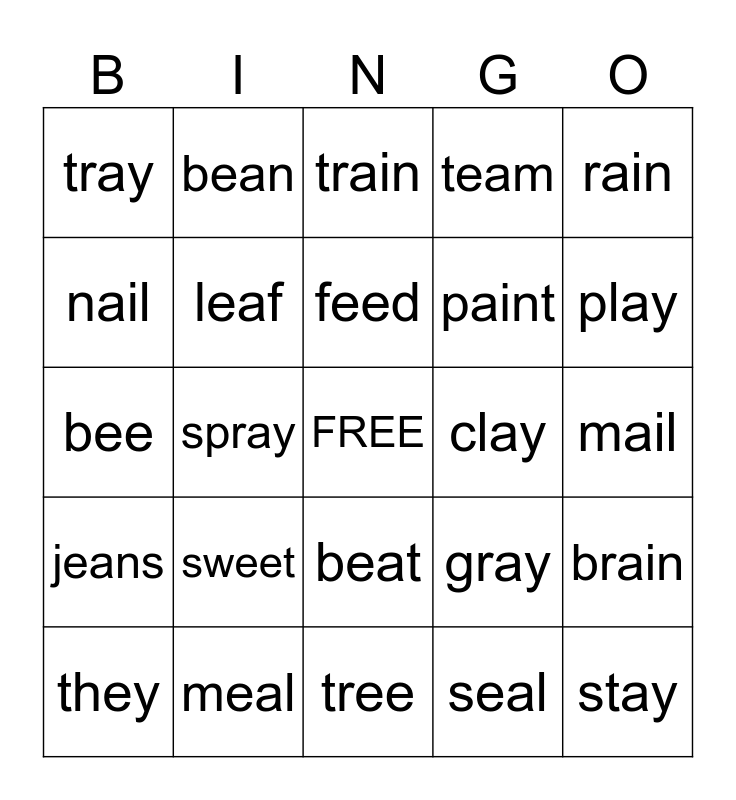 Vowel Digraph Bingo (ai, ay, ea, ee) Bingo Card