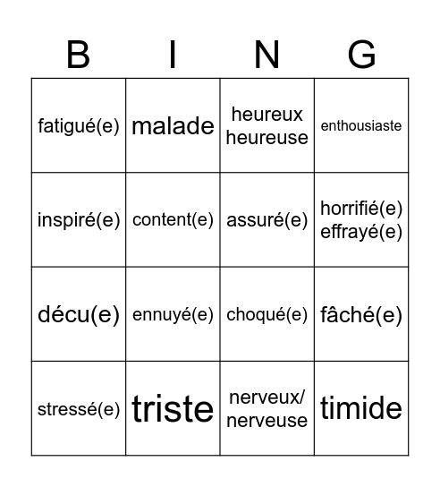 Les émotions + être Bingo Card