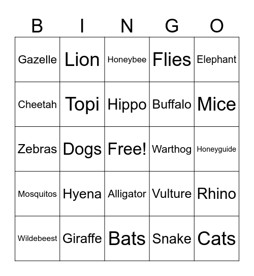 African Animals Bingo Card