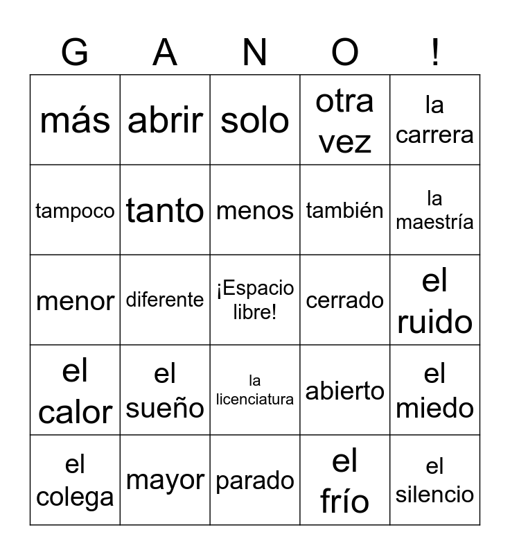 Spanish 1 Vocab 6A Bingo Card