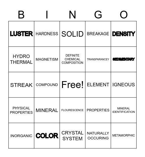 MINERAL Bingo Card