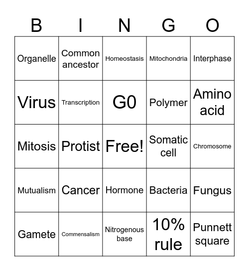 Biology Vocabulary Review Bingo Card